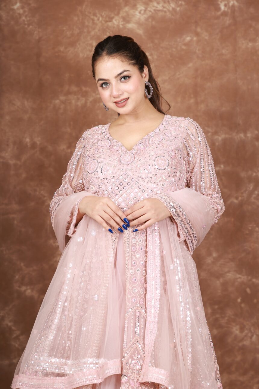 Elegant Baby Pink Long Front Slit Kurti Set – Olive Store